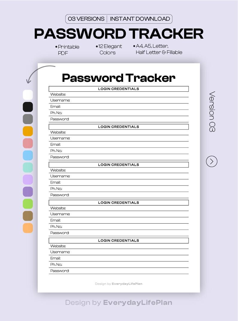 Password Tracker Printable PDF, Login Info Organizer Sheet, Fillable ...