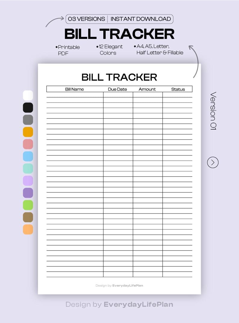 Bill Tracker Printable PDF, Monthly Payment Log, Due Date & Expense ...