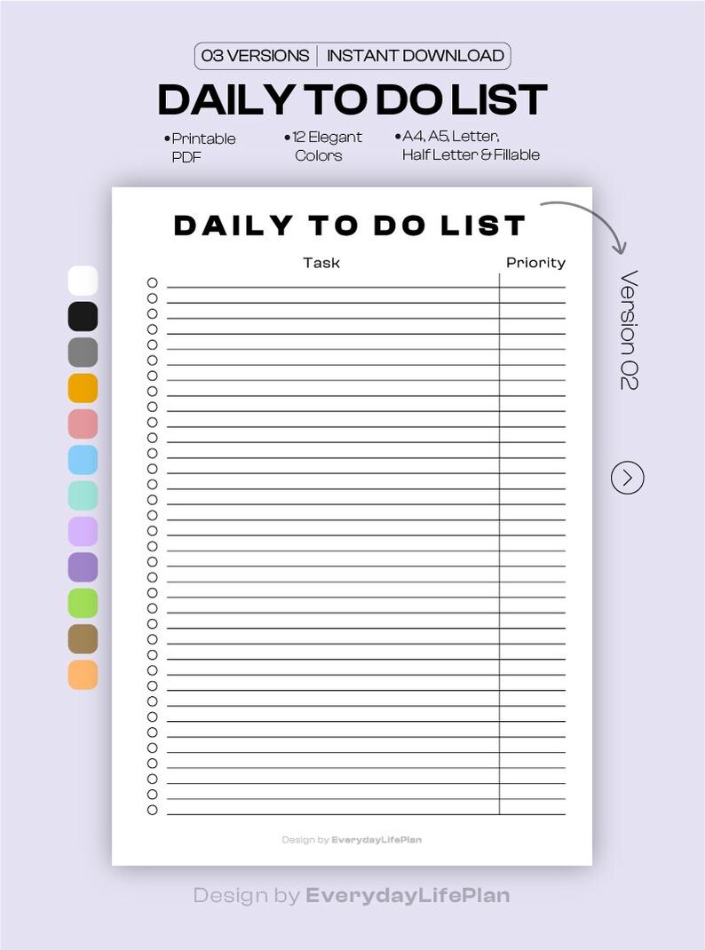 Daily to Do List Printable PDF, Task Planner With Priority, Fillable ...