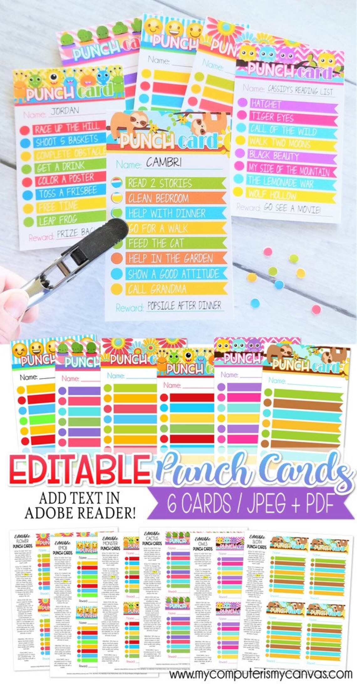 EDITABLE Chore Cards PRINTABLE Punch Cards Activity Tracker | Etsy