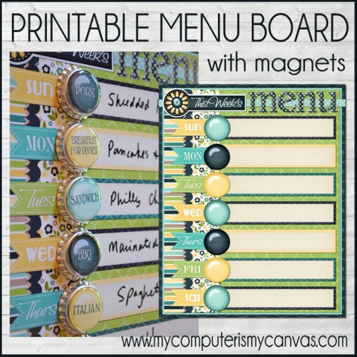 WEEKLY Menu Board With BOTTLE CAP Magnets Planner Printable | Etsy