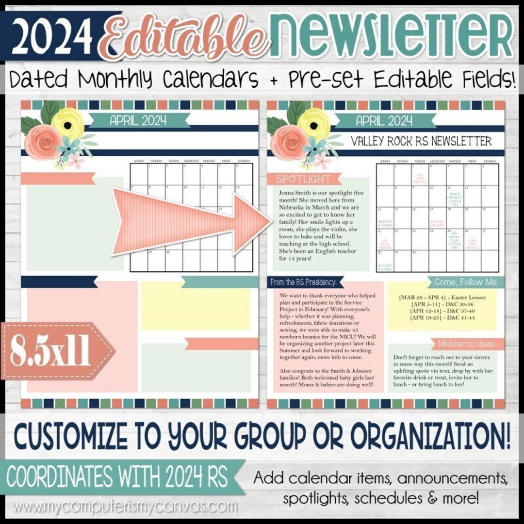 EDITABLE 2024 Newsletter Template, DATED Editable Calendar Newsletter ...
