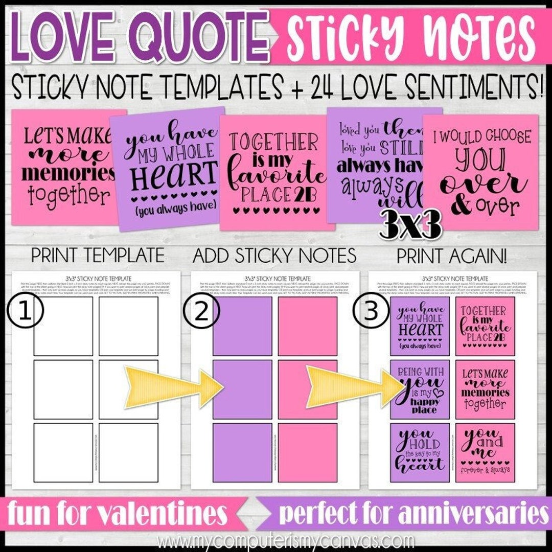 VALENTINE STICKY Notes, Post-it Note Template, Love Notes, Love Quotes ...