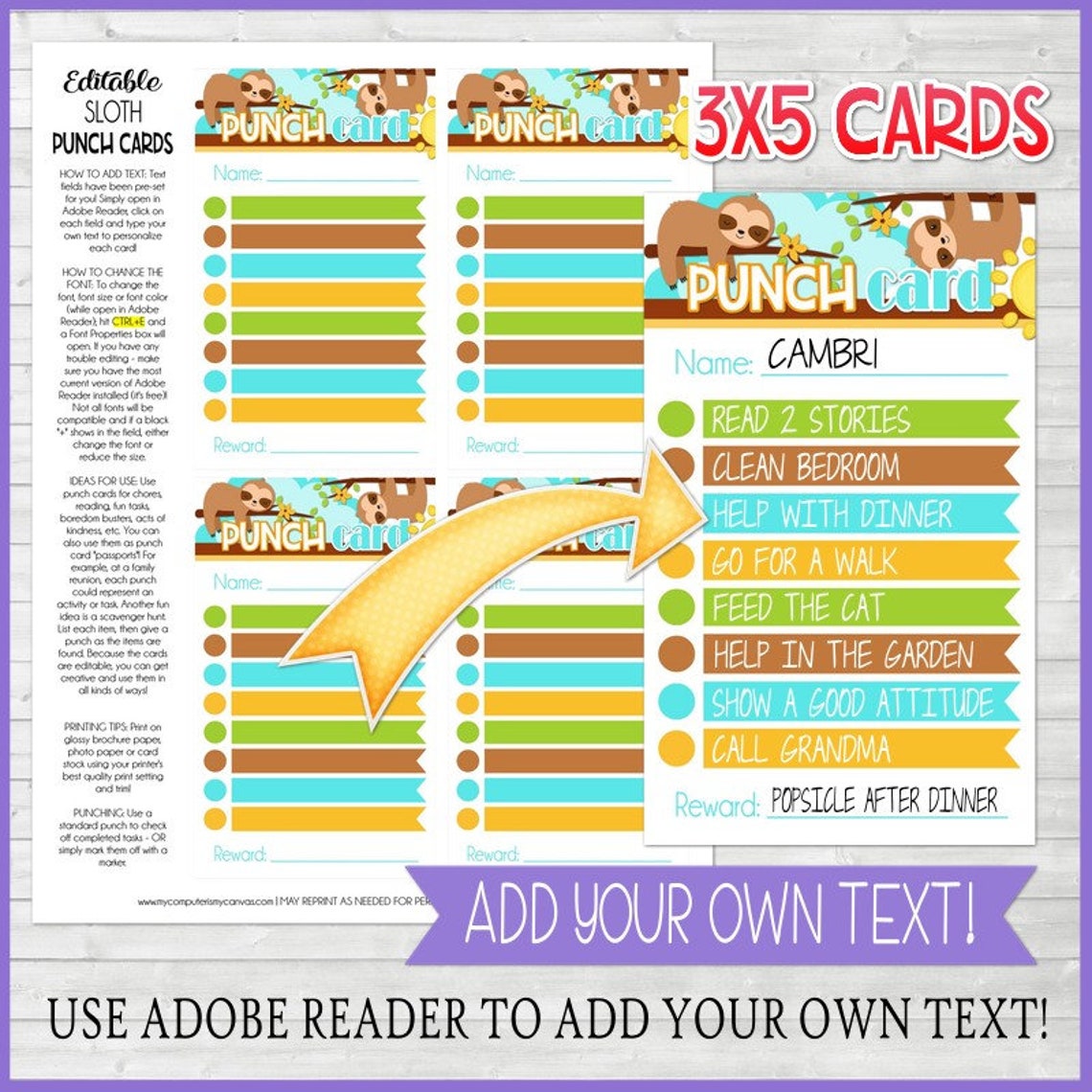 EDITABLE Chore Cards PRINTABLE Punch Cards Activity Tracker | Etsy