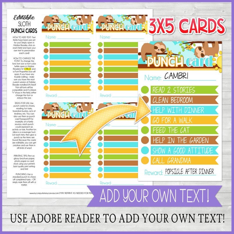EDITABLE Chore Cards PRINTABLE Punch Cards Activity Tracker | Etsy
