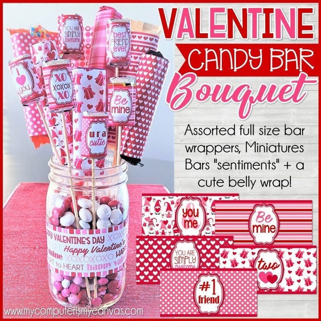 Valentine's Day CANDY BAR BOUQUET Printable, Candy Bar Wrappers, Gnomes ...