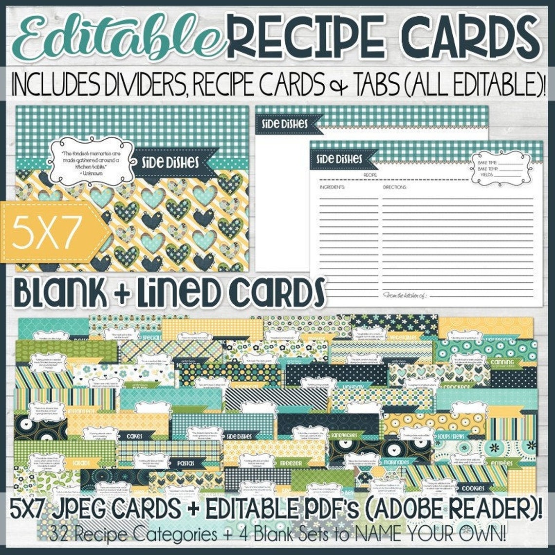 EDITABLE Navy 5x7 Recipe Card Printables, Recipe Book, Recipe ...