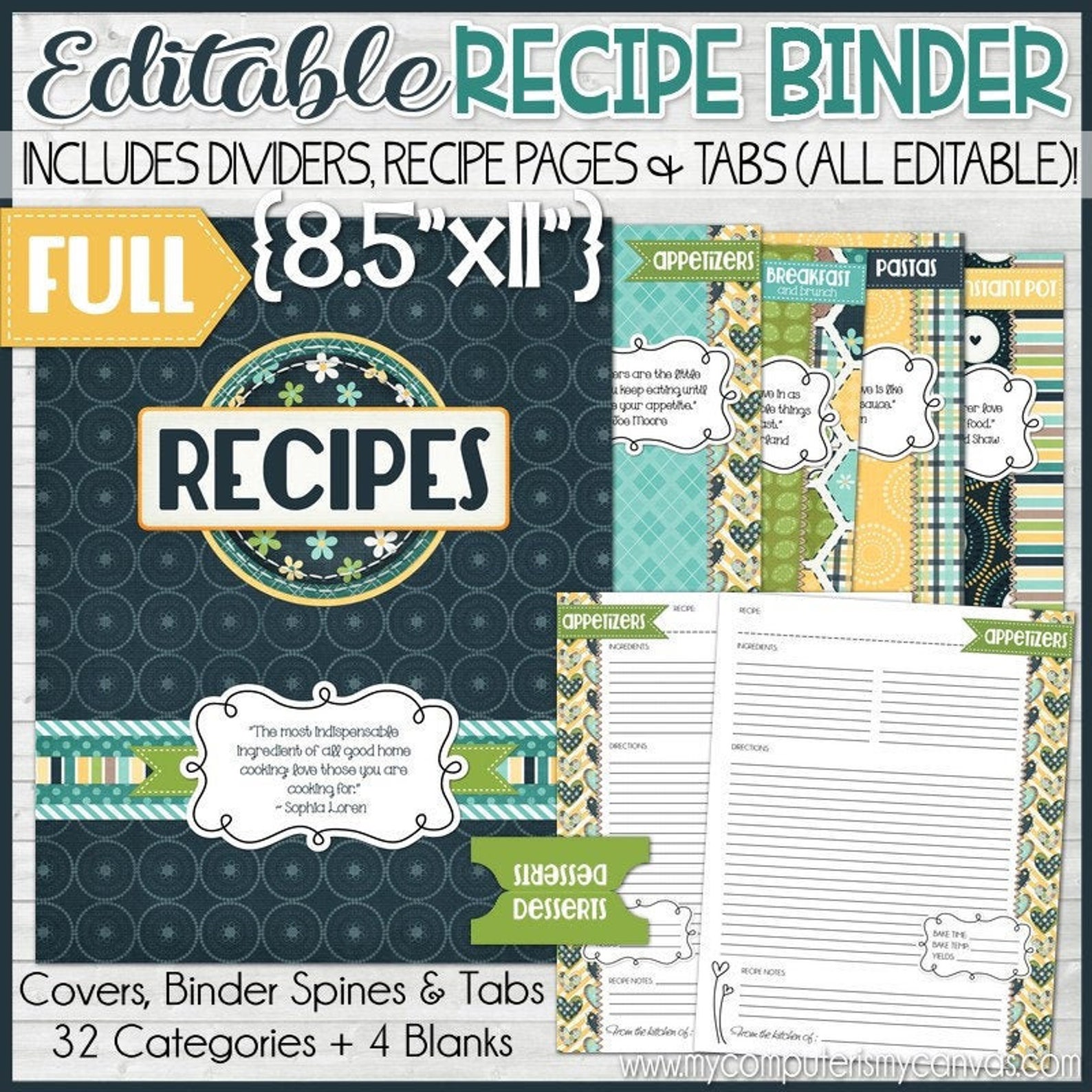 EDITABLE Recipe Binder Kit Printables (navy), Recipe Book, Recipe ...