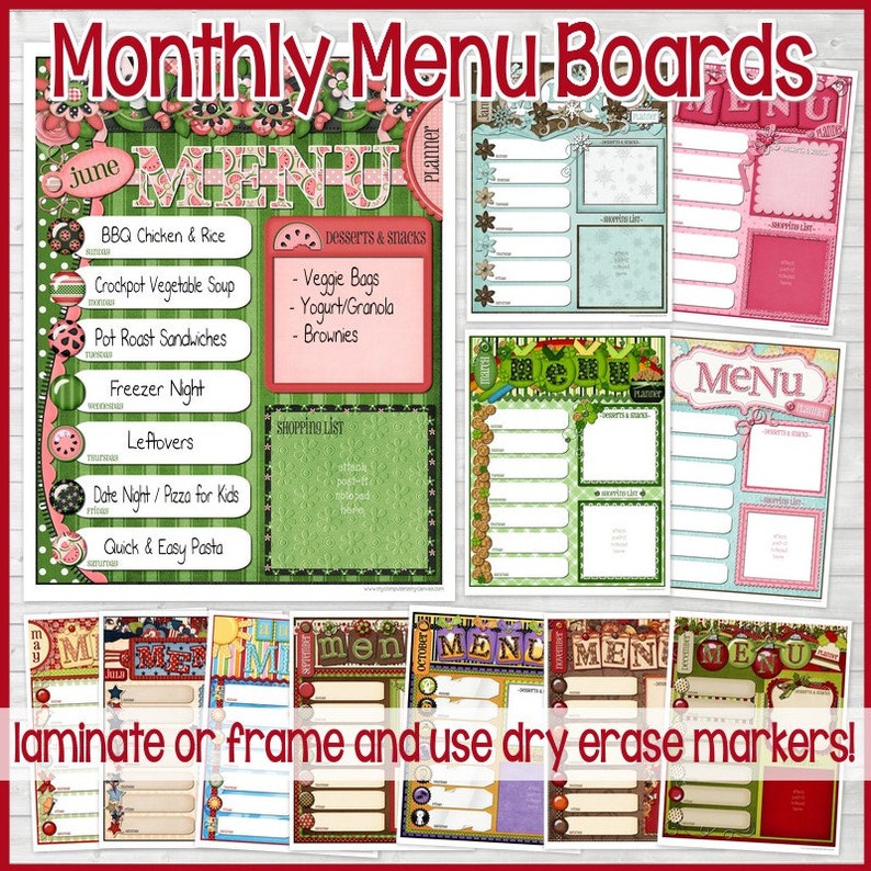 PRINTABLE Monthly Menu Board Collection Menu Planners Menu - Etsy
