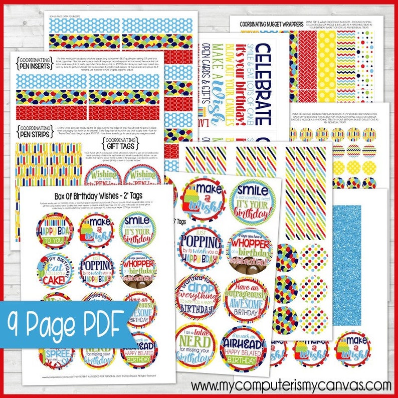 BOX of Birthday Wishes, Printable Gift Tags, Candy Grams, Party Favor ...