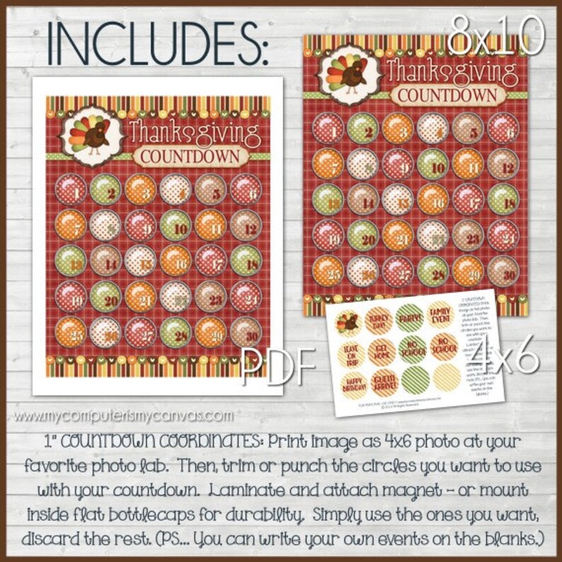Thanksgiving Countdown, Turkey Day ADVENT - Printable Instant DOWNLOAD ...