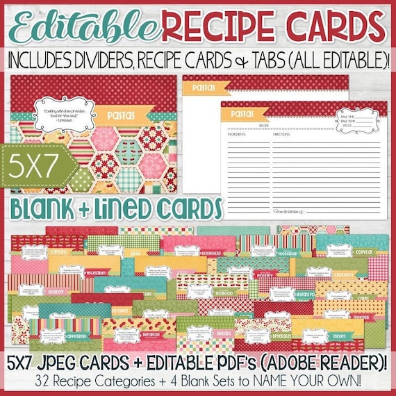 EDITABLE Red 5x7 Recipe Card Printables Recipe Book Recipe | Etsy