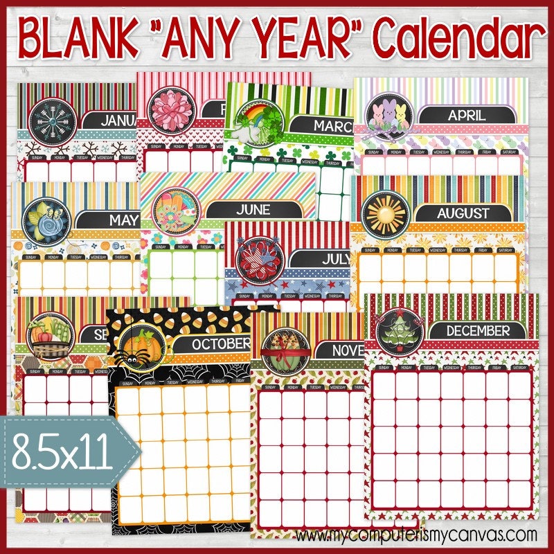 Blank ANY YEAR Monthly Calendars Dry Erase Calendar - Etsy