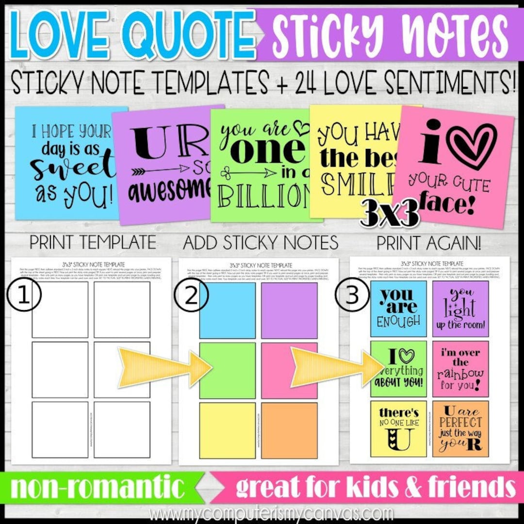 VALENTINE STICKY Notes, Post-it Note Template, Love Notes, Love Quotes ...