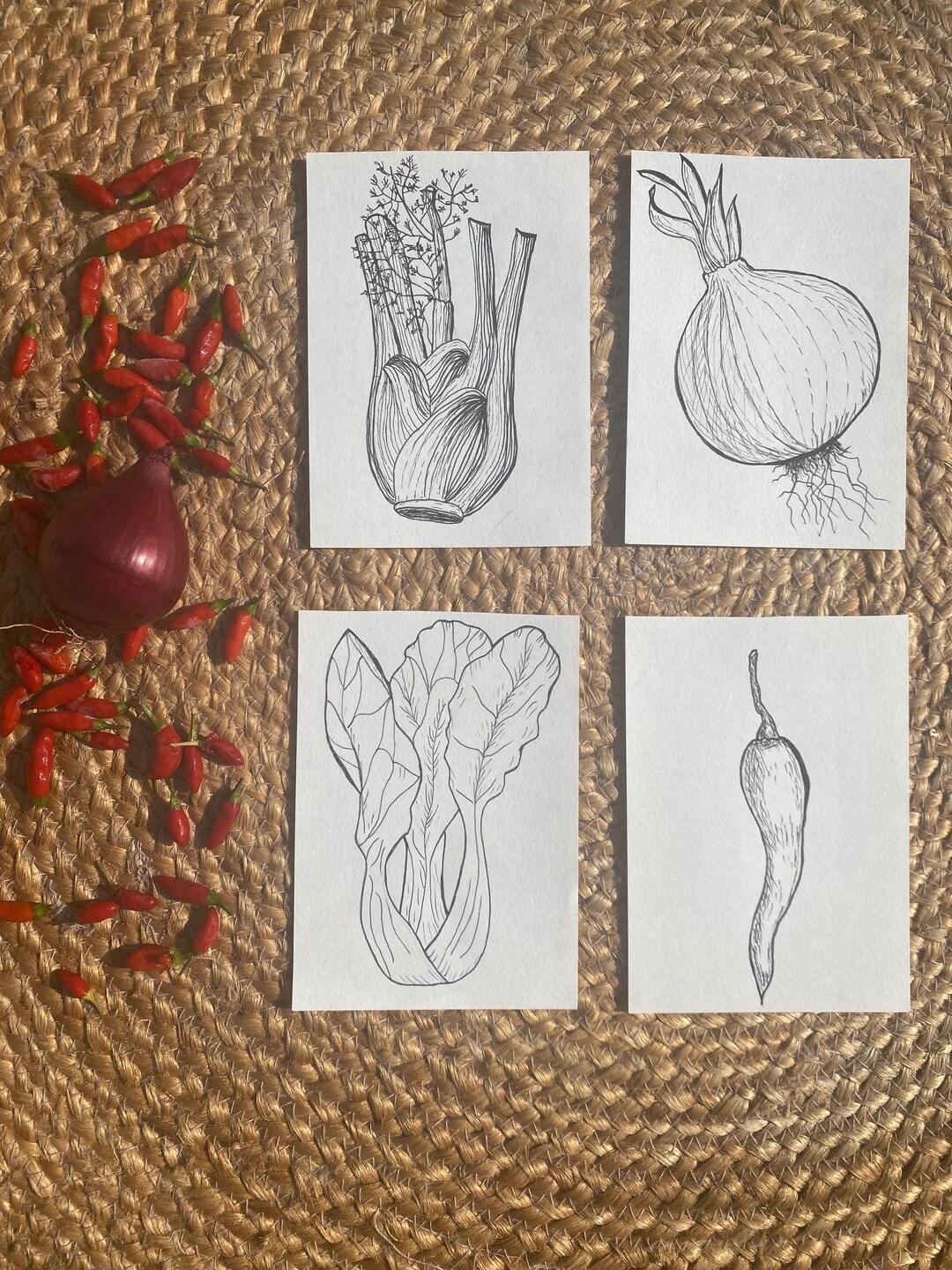 Set of 4 Original A6 Vegetable Drawings – Unique Hand-drawn Kitchen ...