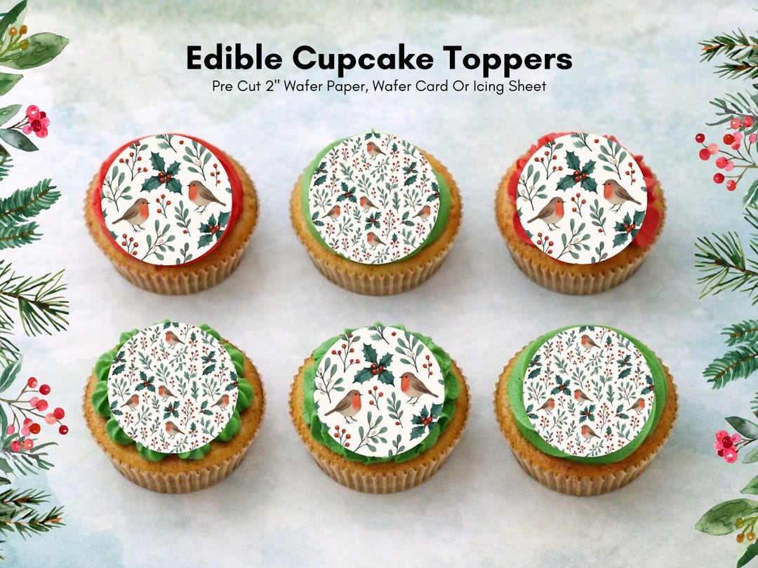 Christmas Robin & Holly Edible Cupcake Toppers: Festive Cake Decoration ...