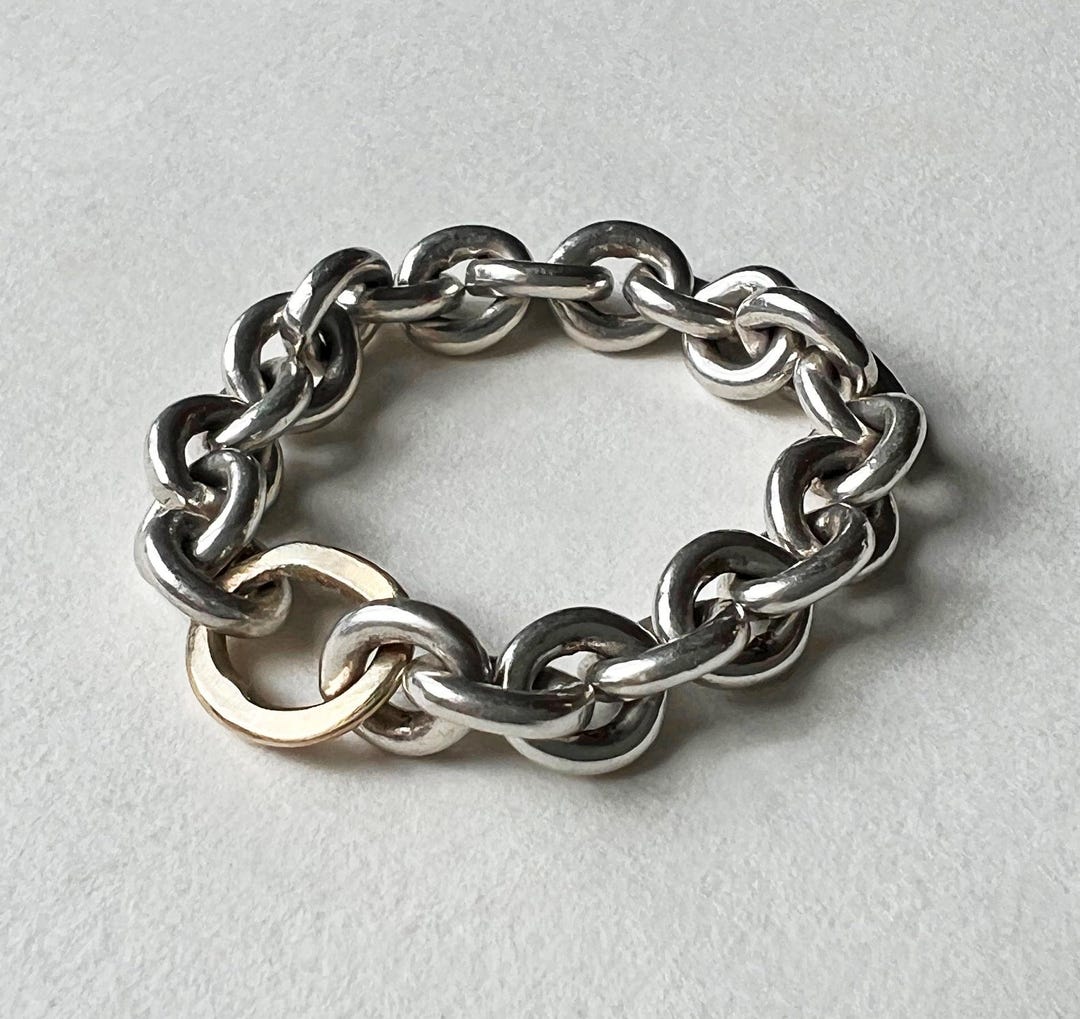 14k Gold Thin Link and Heavy Sterling Flexible Chain Link Ring - Etsy