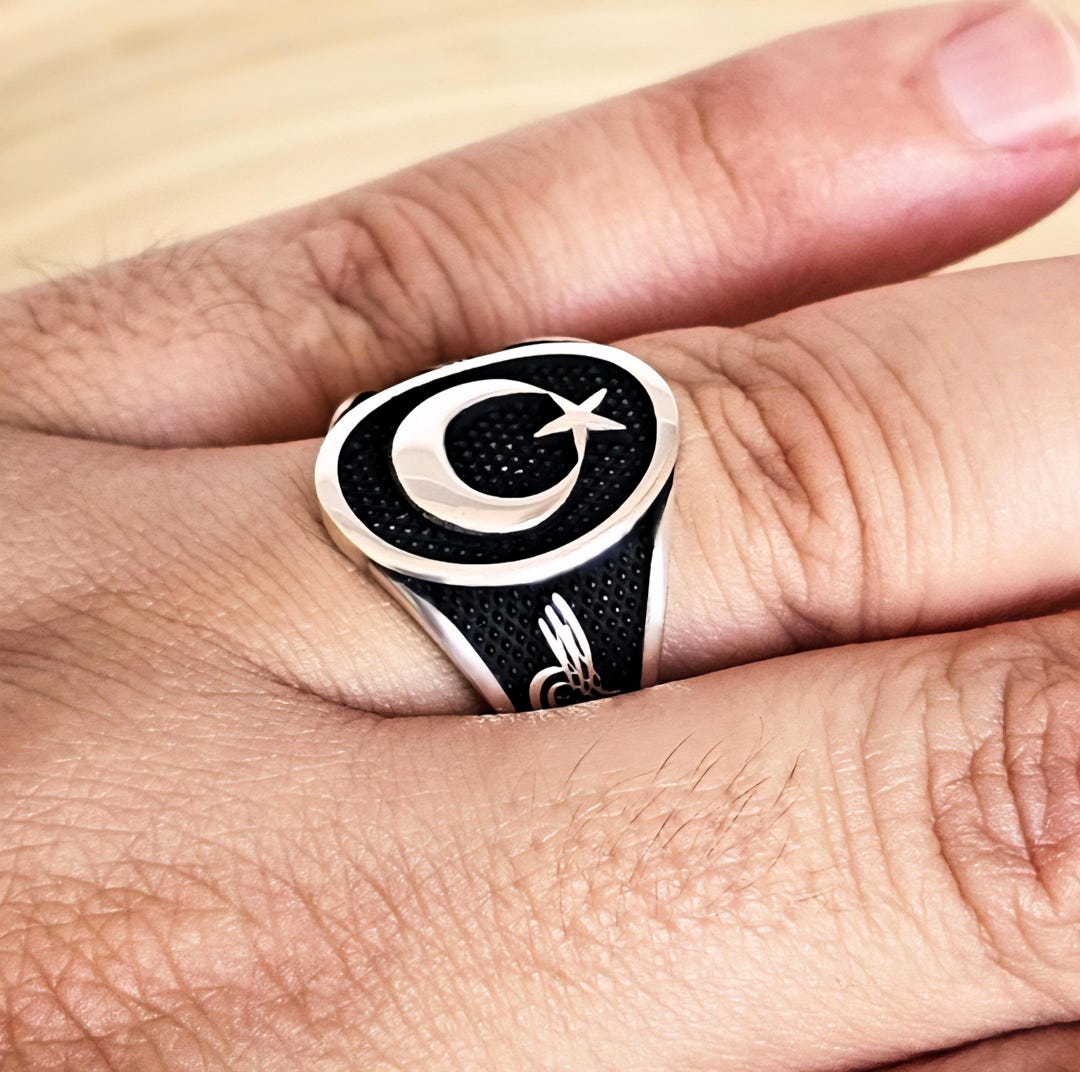 Mens Crescent Moon Star Ring Oval Sterling Silver Calligraphy Jewelry ...
