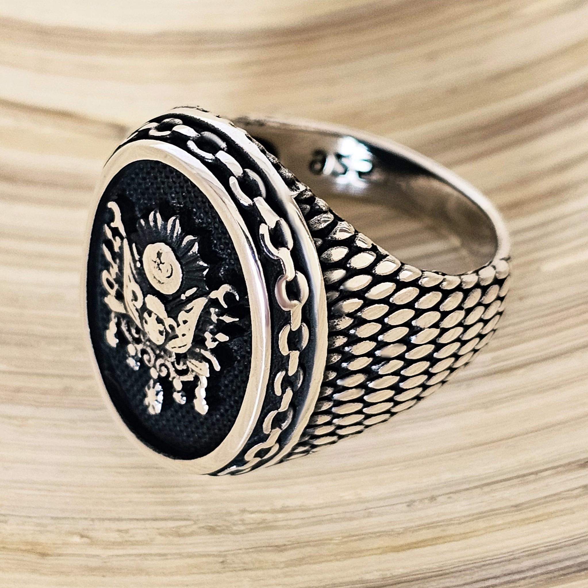 Ottoman Coat of Arms Signet Ring: 925 Sterling Silver Snake Scale Band ...