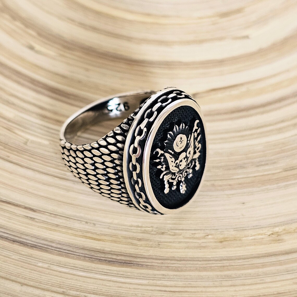 Ottoman Coat of Arms Signet Ring: 925 Sterling Silver Snake Scale Band ...