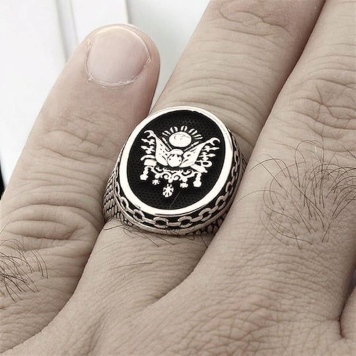 Ottoman Coat of Arms Signet Ring: 925 Sterling Silver Snake Scale Band ...