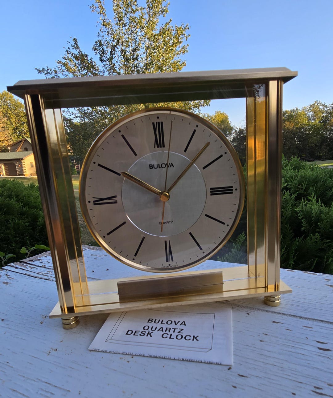 Vintage Bulova Gold Tone Desk or Mantle Clock, New in Box. Salesperson ...