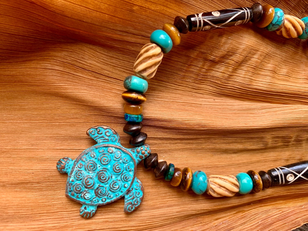 Islands Turtle Celebration Turquoise, Wood and Carved Bone Necklace - Etsy