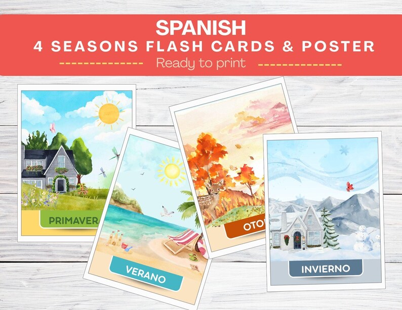 Spanish Seasons Flashcards & Poster: Watercolor Spanish Immersion ...