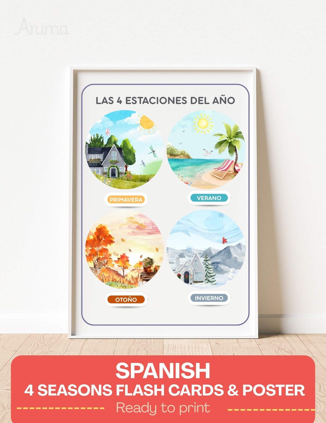 Spanish Seasons Flashcards & Poster: Watercolor Spanish Immersion ...