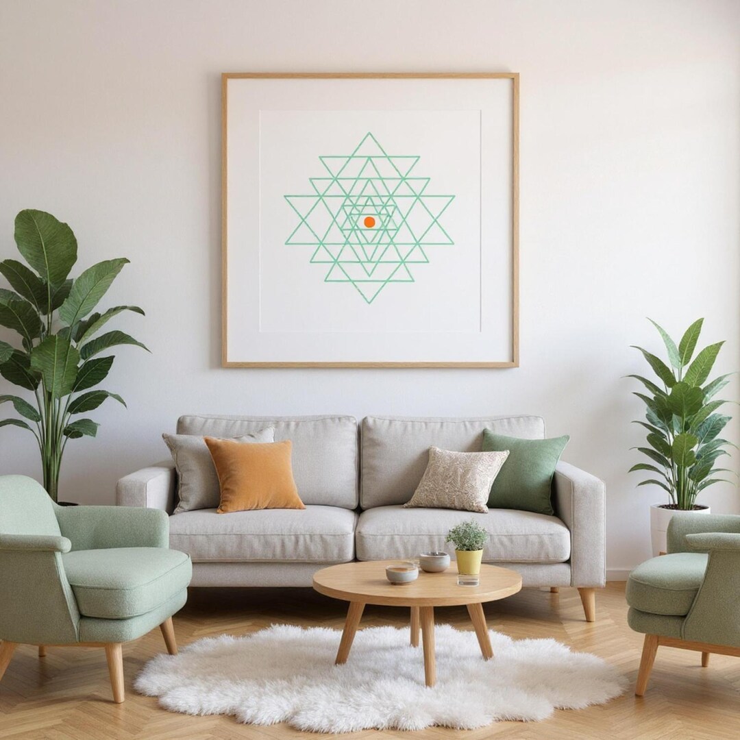 Mint Green Sri Yantra Print – Geometric Spiritual Symbol With Orange ...