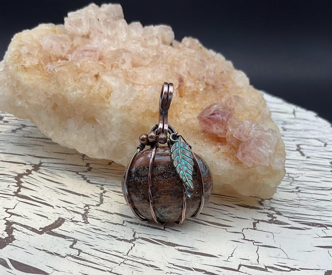 Dendritic Agate Pumpkin Pendant, Oxidized Copper Wire Wrapped Necklace ...