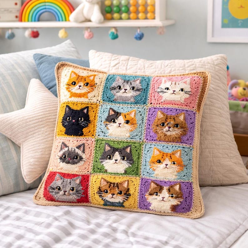 3D-haakpatroon kat - oma vierkant kattenkussen, dierenkussenontwerp ...