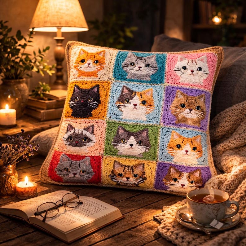 3D Cat Crochet Pattern - Granny Square Cat Pillow, Animal Cushion ...