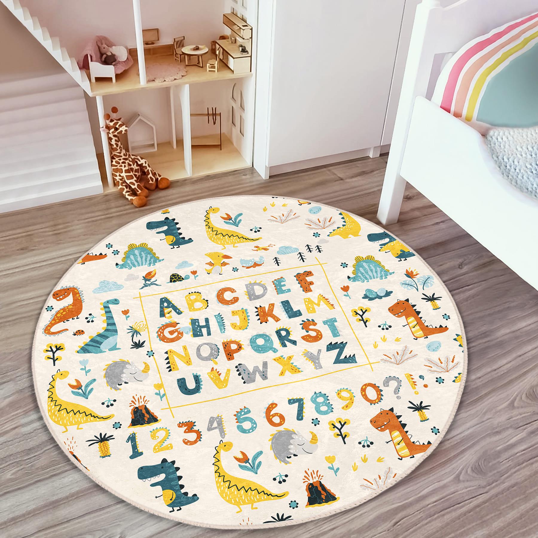 Dinosaur Alphabet Round Rug, Colorful Kids Play Mat, Educational ...