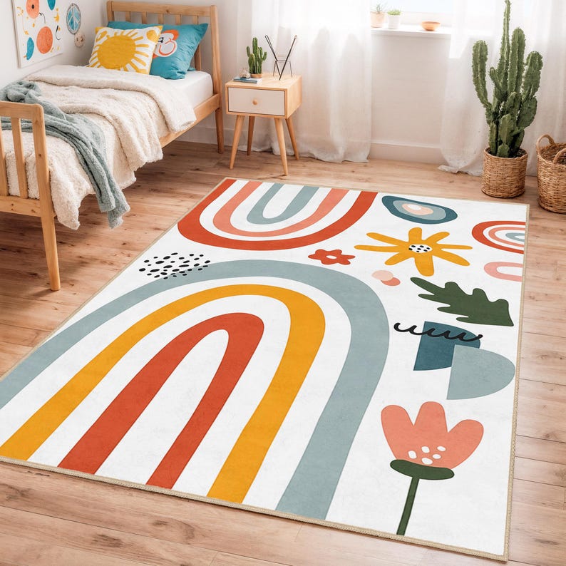 Colorful Rainbow Patterned Kids Room Rug, Bright Rectangular Playroom ...