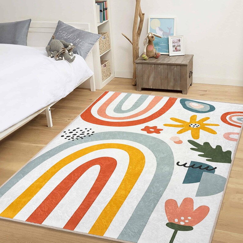 Colorful Rainbow Patterned Kids Room Rug, Bright Rectangular Playroom ...