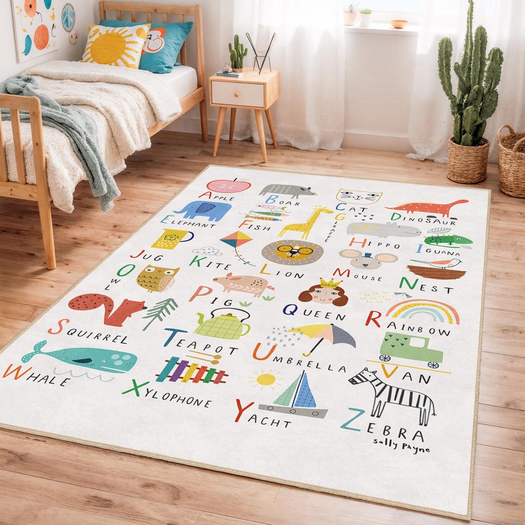 Animal Alphabet Playroom Rug, Colorful Kids Room Carpet, Educational ...