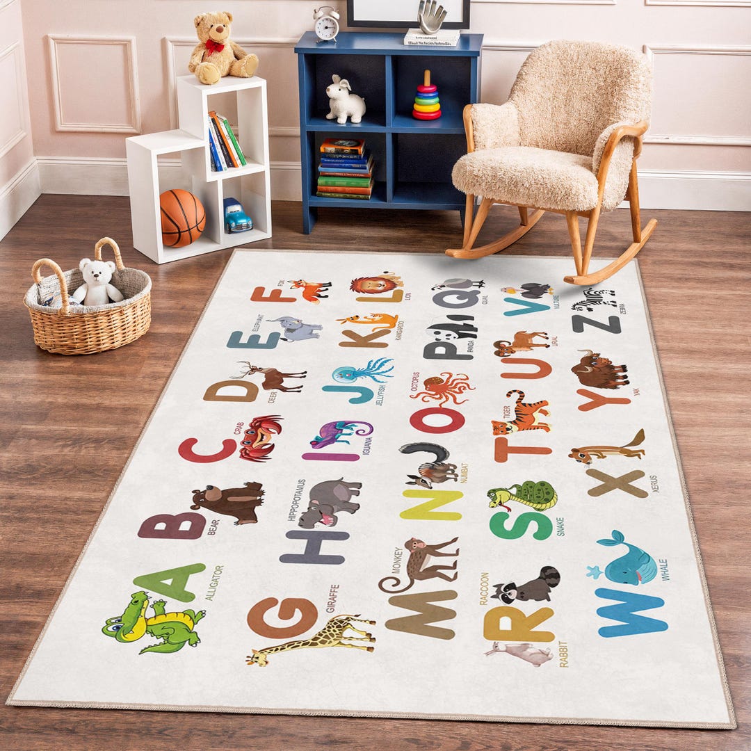 Animal Alphabet Rug, Colorful Kids Room Carpet, Educational Playroom ...