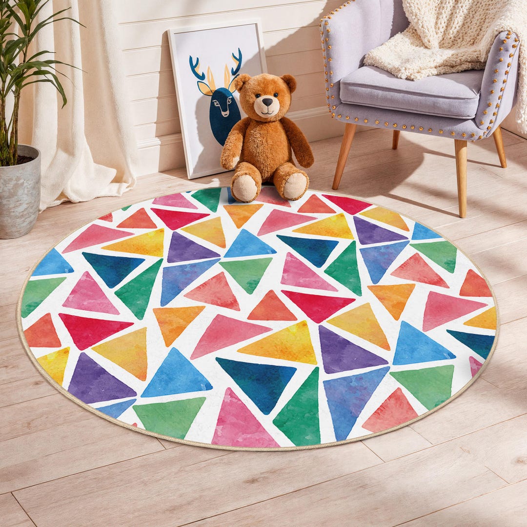 Colorful Triangle Pattern Kids Round Rug, Soft Playroom Mat, Nursery ...