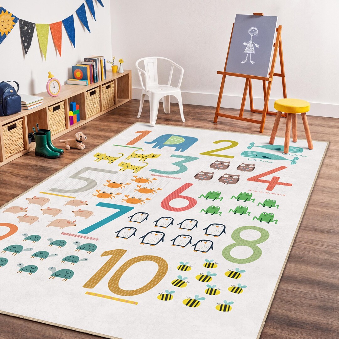 Colorful Animal Numbers Rug, Rectangular Kids Room Carpet, Playful ...