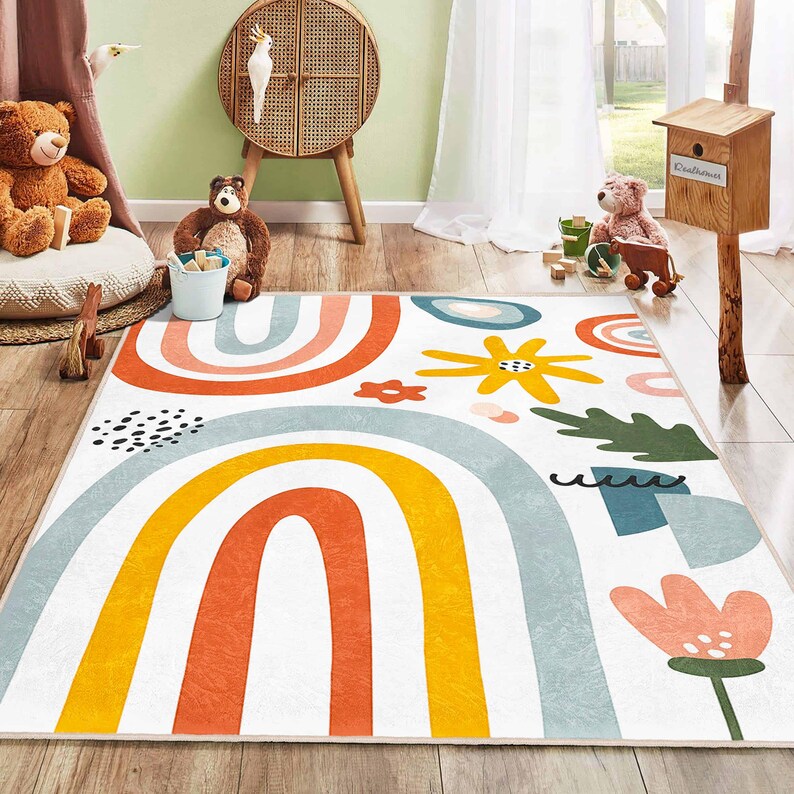 Colorful Rainbow Patterned Kids Room Rug, Bright Rectangular Playroom ...