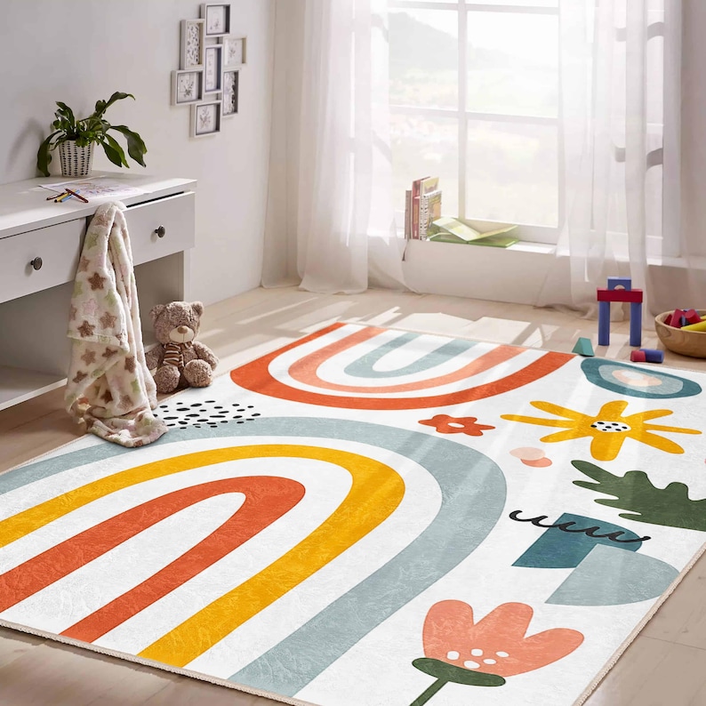 Colorful Rainbow Patterned Kids Room Rug, Bright Rectangular Playroom ...