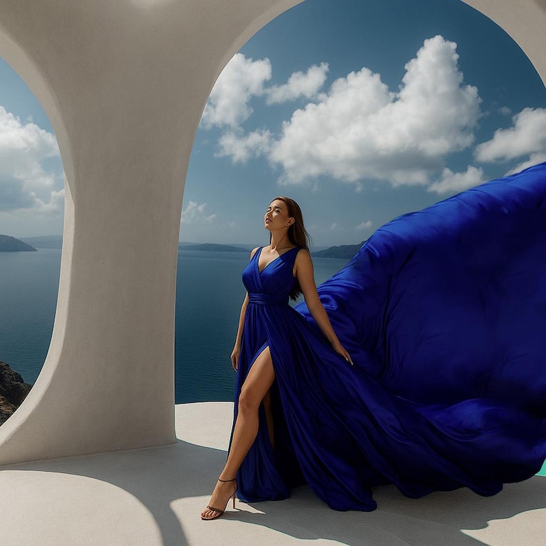 Electric Blue Satin Flying Dress, Long Train Photoshoot Gown - Etsy