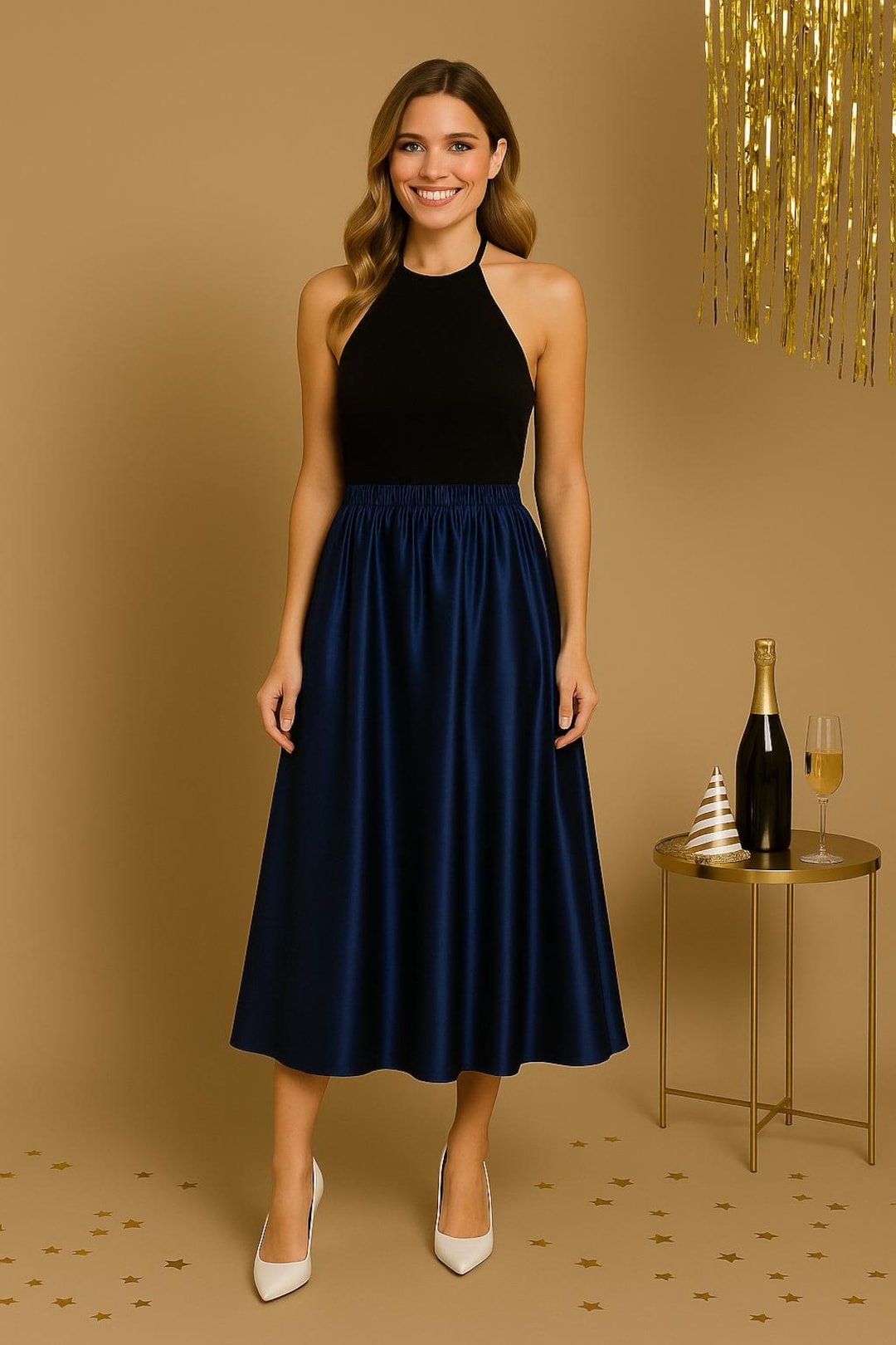 Navy Blue Satin Midi Skirt Bridesmaid Custom Length Skirt Women Semi ...