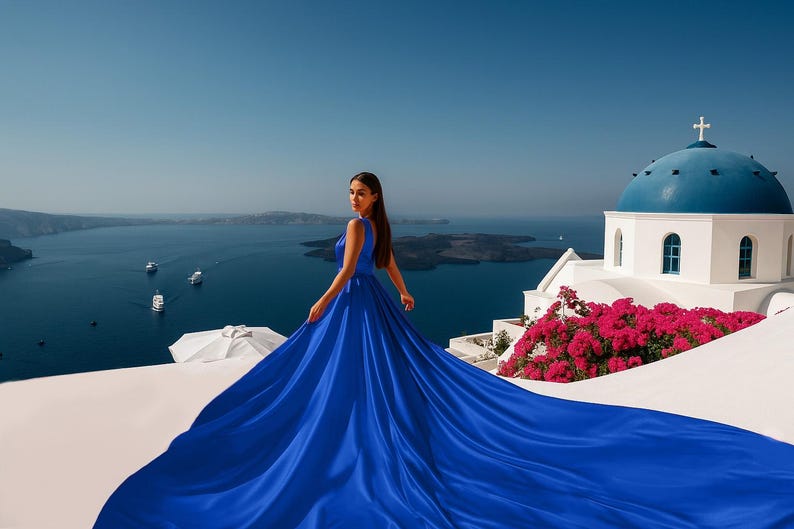 Electric Blue Satin Flying Dress, Long Train Photoshoot Gown - Etsy