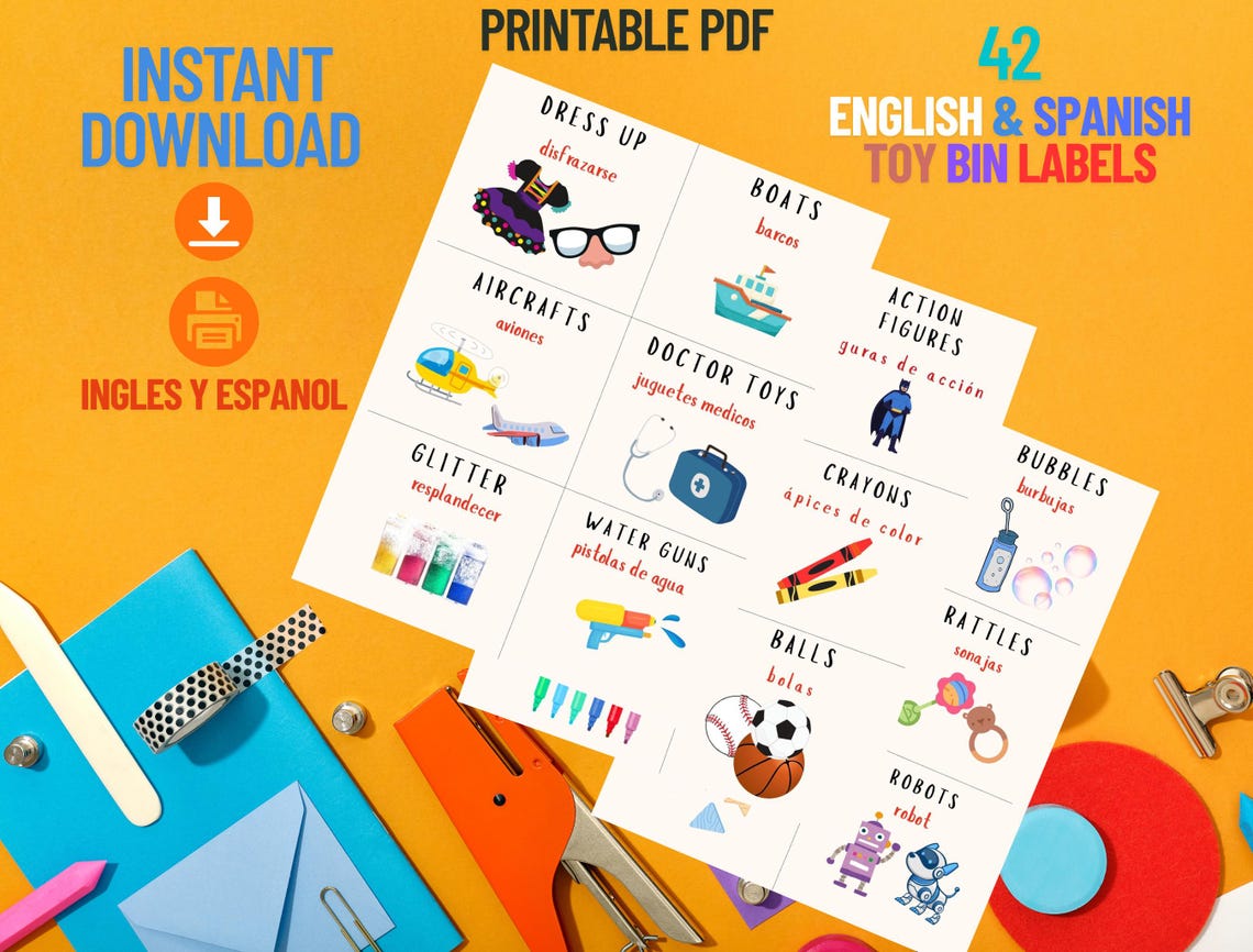 Bilingual Toy Bin Labels, English & Spanish, Classroom Printable (PDF ...