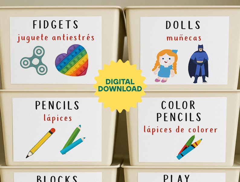 Bilingual Toy Bin Labels, English & Spanish, Classroom Printable (PDF ...