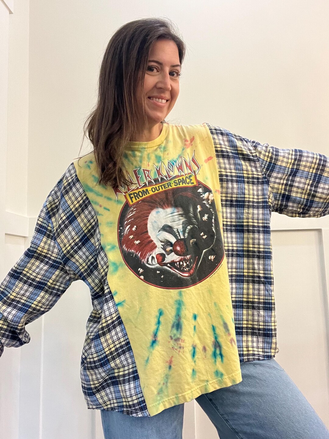 Killer Klowns From Outer Space Upcycled Flannel Long Sleeve Halloween ...