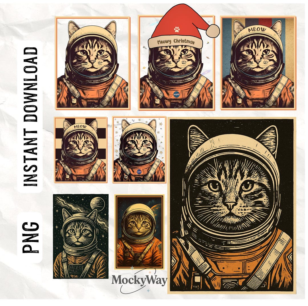 Space Cat Png Bundle, Retro Cat Astronaut Digital Download, Cosmic ...