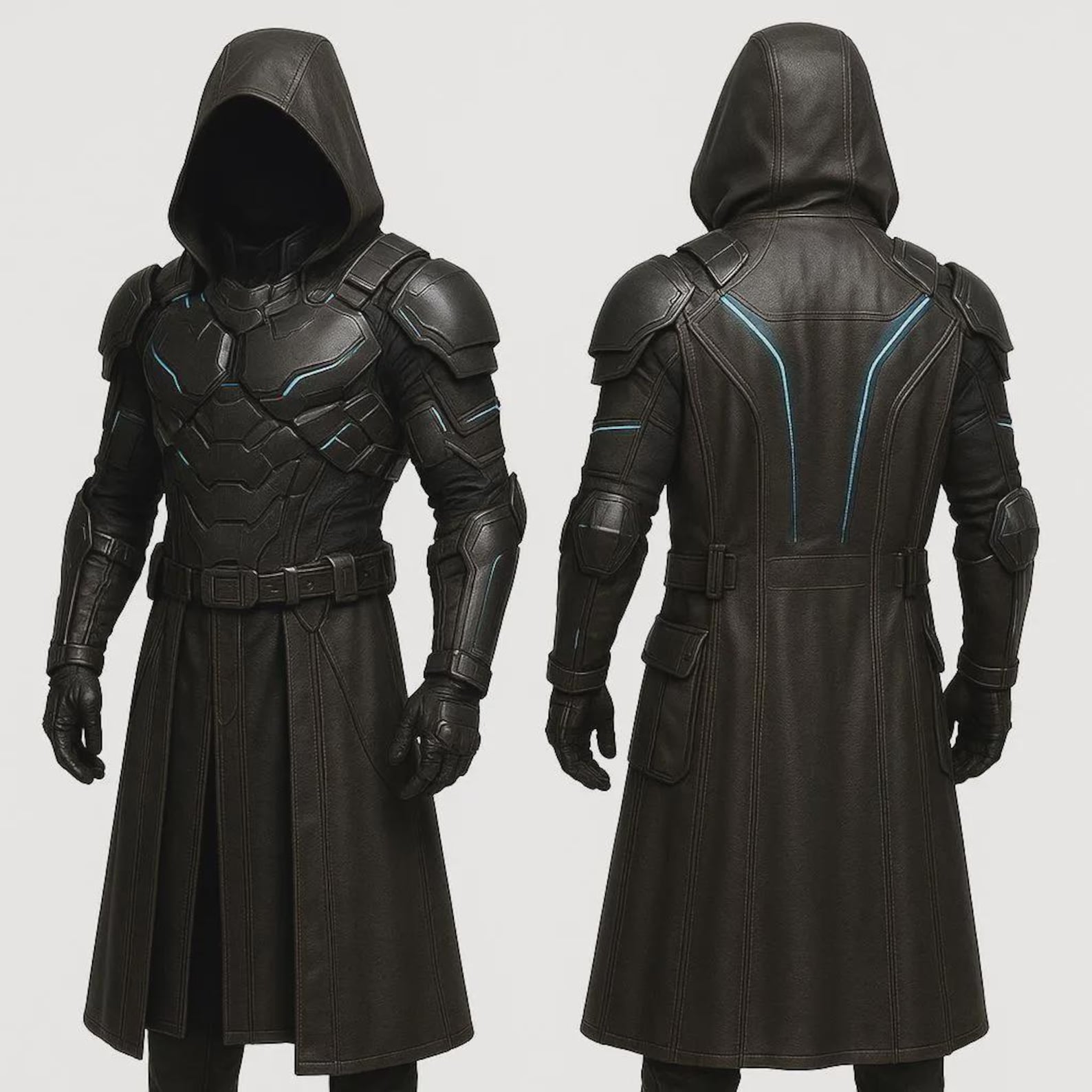 Futuristic Black Leather Cloak With Armored Chest Plate – Cyberpunk ...